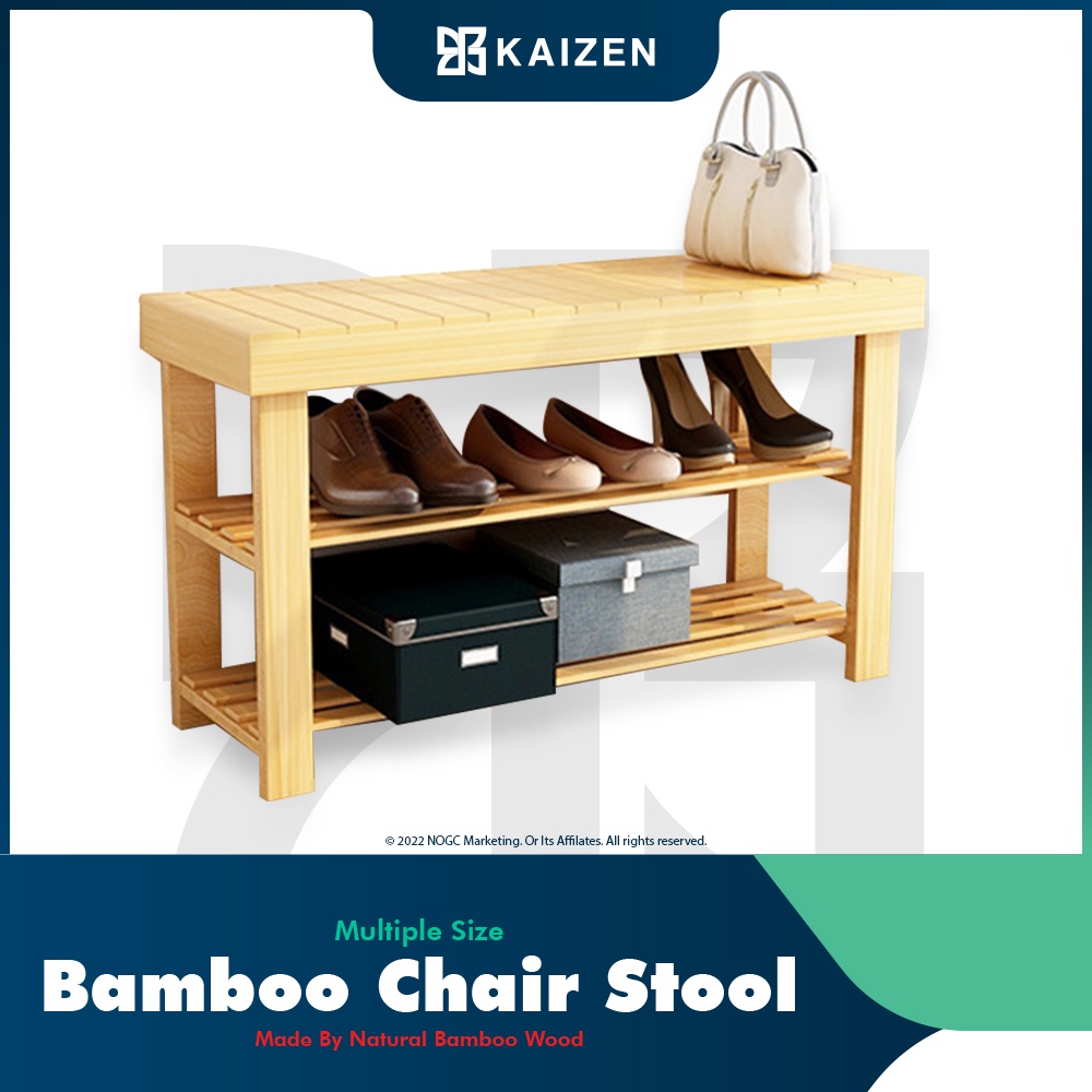 KAIZEN Solid Bamboo Wood Shoes Changing Stool & Rack at Doorstep Rak ...