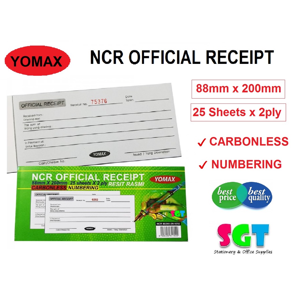 YOMAX NCR Numbering Official Receipt 88mm x 200mm ( 25 Sheets x 2 ply ...