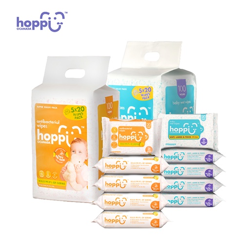 Hoppi Premium Baby Wipes (20 Wipes Combo) - Antibacterial (20's x 5 ...