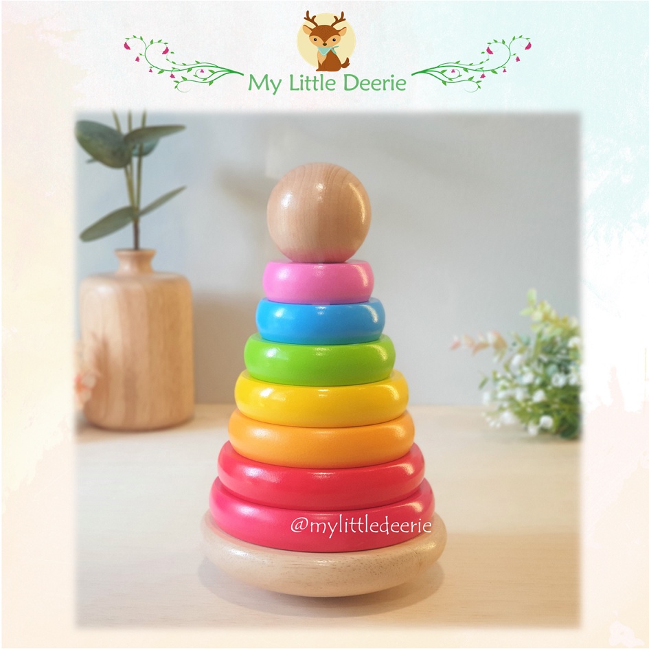 BOBY Wooden Rainbow Stacking Ring Tower Wobble Stacker Baby Children ...