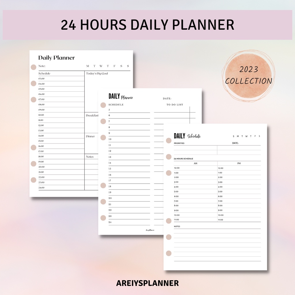 24 Hours Daily Planner 02 | 6 Holes Loose Leaf Insert Planner | A5, A6 ...