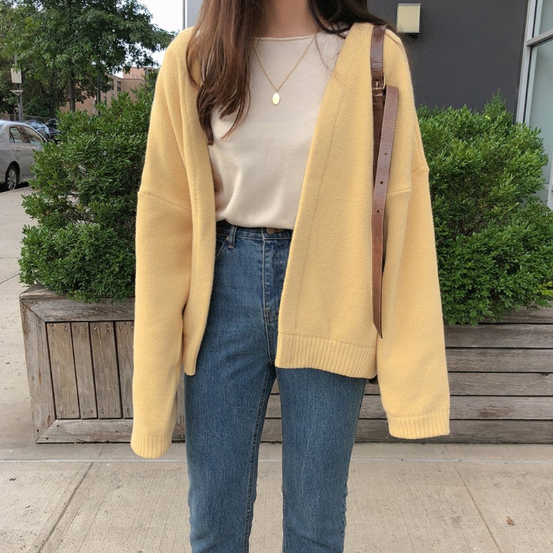Korean Simple Solid Color Cardigan Coat Women Casual Knitted Outerwear