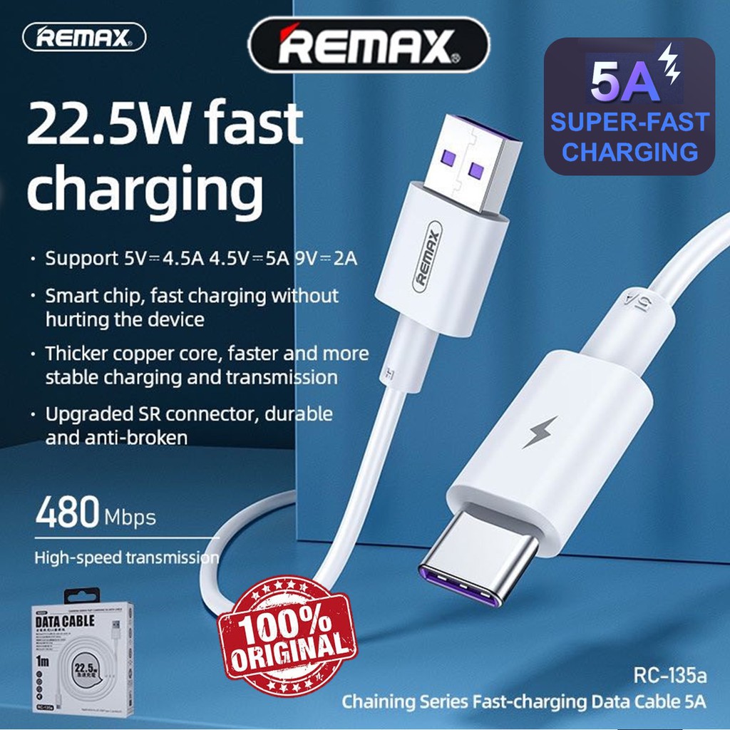 Original REMAX Type-C 5A Super Fast Charging Data Cable Type C Cables ...