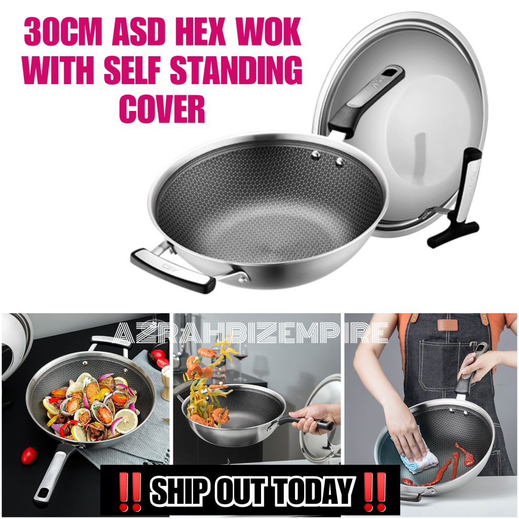 HOT! 30CM ASD HYBRID 3-PLY HEX WOK WITH SELF STANDING COVER / KUALI ASD ...