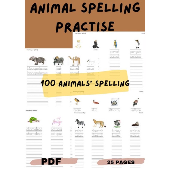 Printable Spelling Worksheet (English)(Animals) PDF (Educational ...