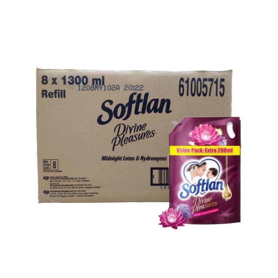 Softlan Divine Pleasures Midnight Lotus & Hydrangeas Fabric Softener Refill-1.3Lx8(1ctn ...