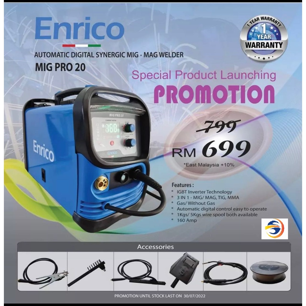 ENRICO MIG PRO 20 3 IN1 MIG/MAG/MMA/TIG IGBT WELDING MACHINE C/W STD ...