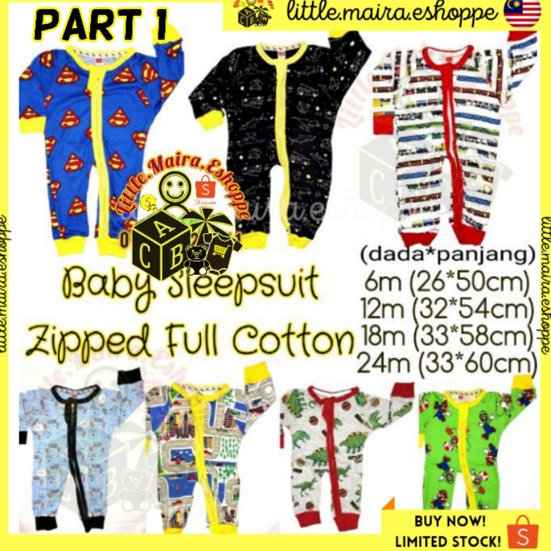 Baby Sleepsuit Newborn Toddler Full Cotton Zipped Jumpsuit Long Sleeve ...