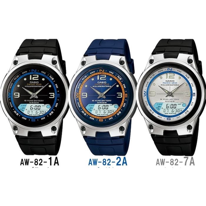Casio AW-82 Analog Digital Men Dual Time FISHING GEAR Blue Resin Band ...