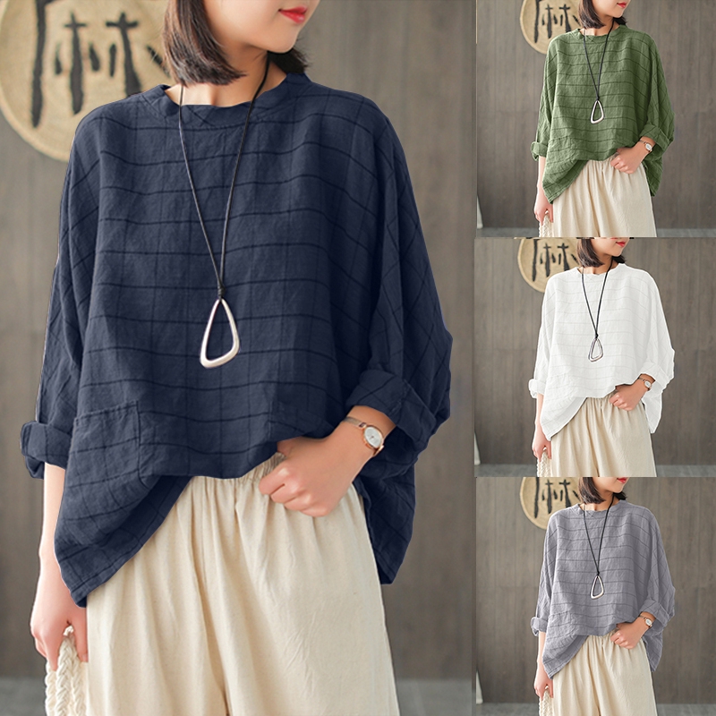 Zanzea Women Loose Grid Printed Batwing Sleeve Plus Size Blouse