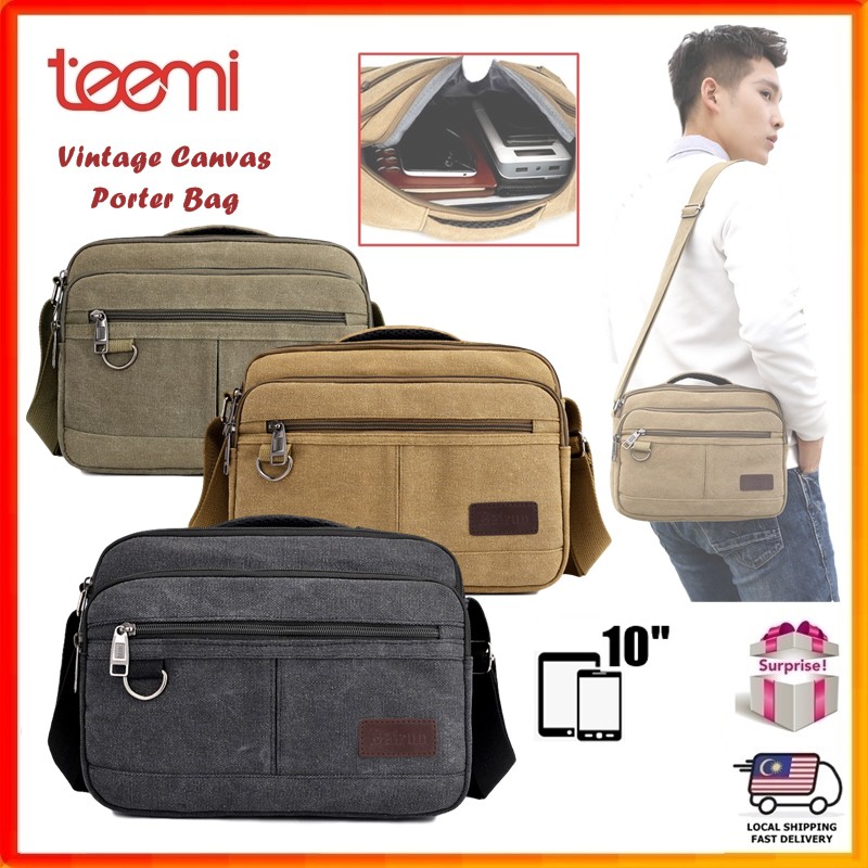 TEEMI Vintage Canvas Unisex Sling Messenger Bag Large Size Fit 10" Inch ...