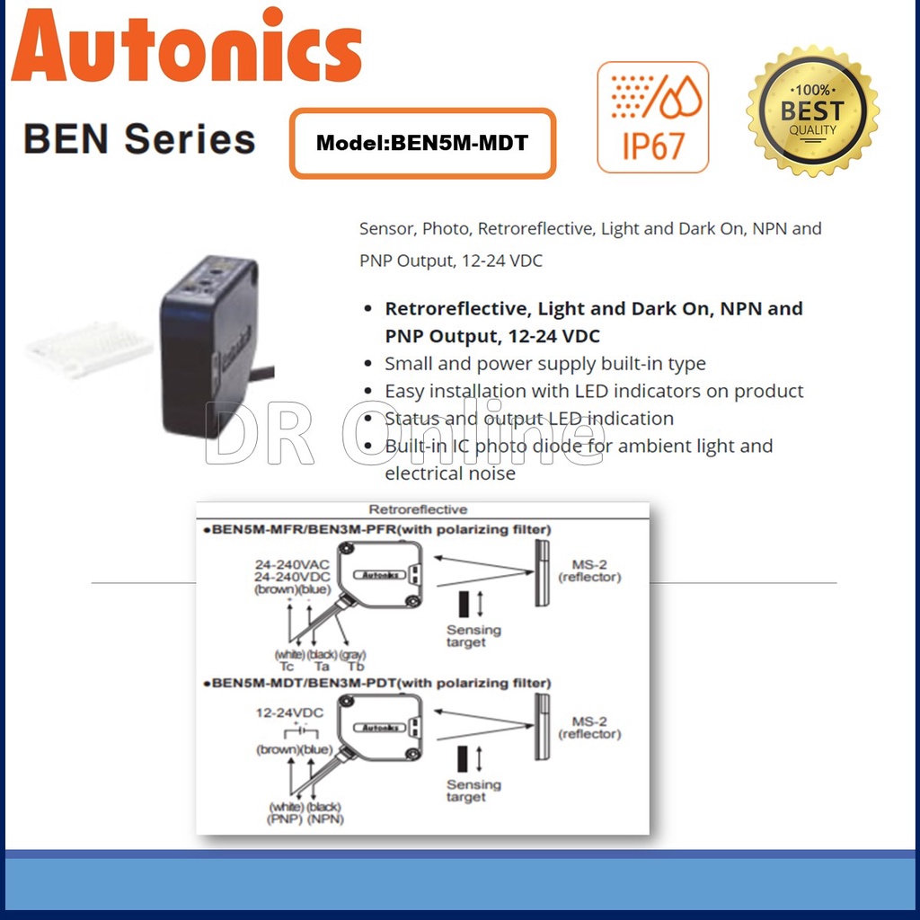 Autonics Photoelectric Sensor BEN5M-MDT RETROREFLEC 12-24VDC ~ RETROREFLEC NPN/PNP ~ 5M ~ T/O ...