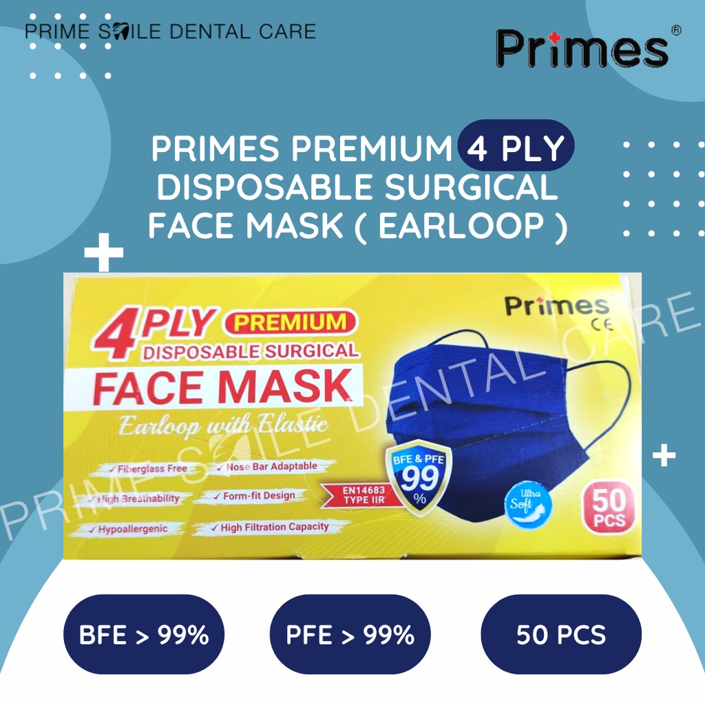 Primes Premium 4 Ply Disposable Surgical Face Mask ( Earloop ) ( 50 Pcs ...