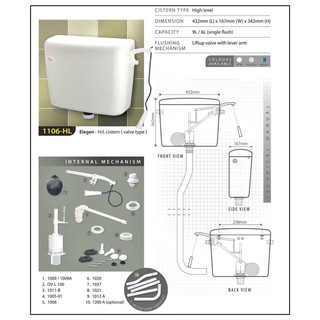 TECHPLAS Elegen Plastic Cistern High Level 1106-HL (FLUSH)/ Low Level ...