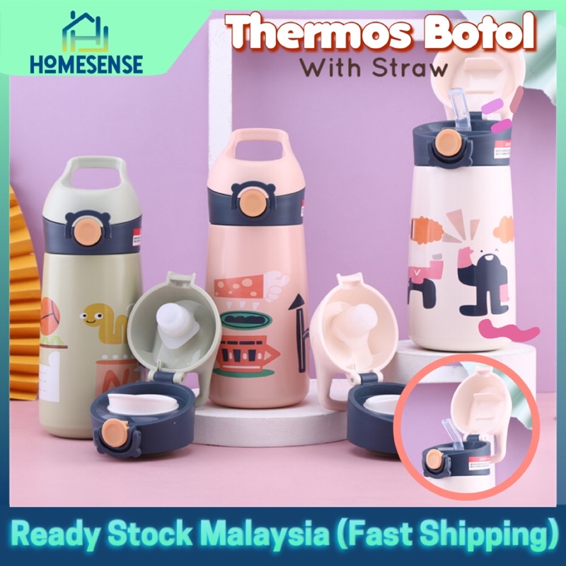 Children Thermos with Straw Stainless Steel 316 Water Bottle Vacuum Flask Stylish Geometric ...