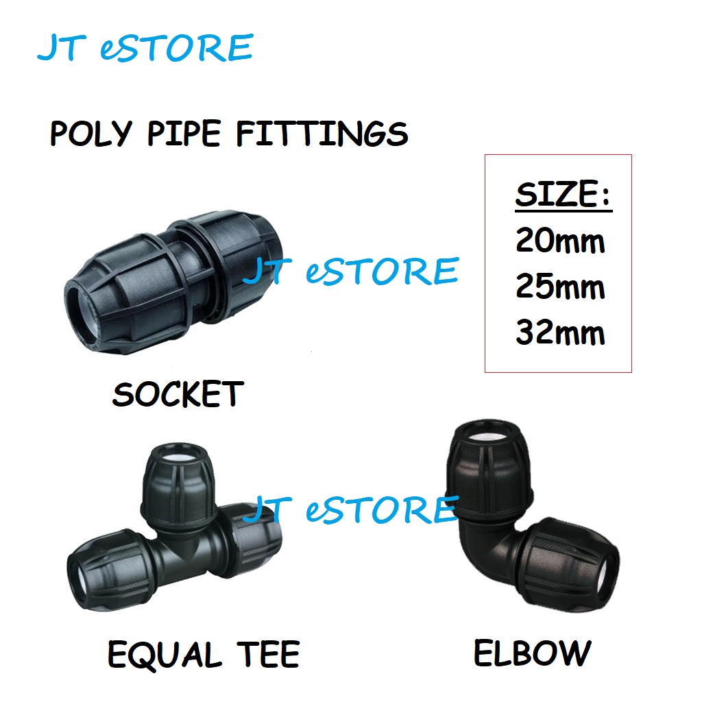 [JT eSTORE] HDPE PN16 Poly Pipe Fittings - Socket, Bend Elbow, Equal Tee / Paip Hitam Fitting ...
