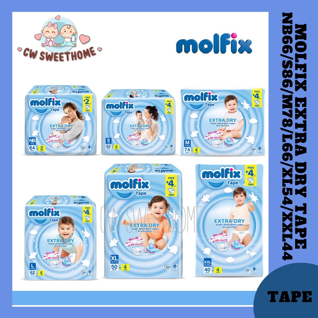 MOLFIX EXTRA DRY SUPER JUMBO TAPE DIAPERS (NB66/S86/M78/L66/XL54/XXL44 ...