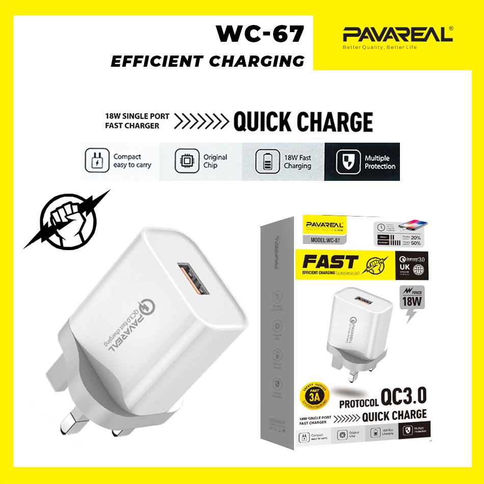 PAVAREAL WC-67 Travel Charger (18W QC 3.0 Fast Quick Charging) | Shopee ...