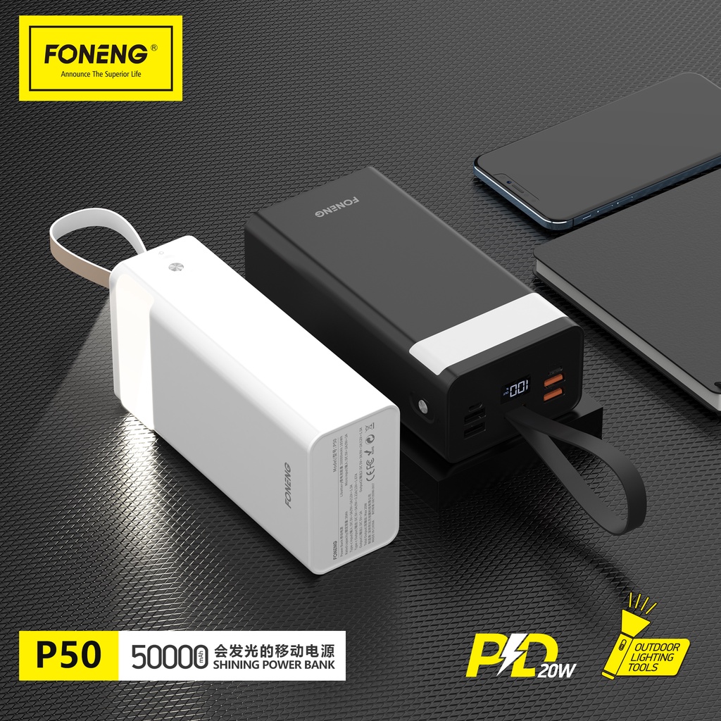 Foneng P50 Power Bank 50000mAh PD 20W With Outdoor Lighting | Shopee ...