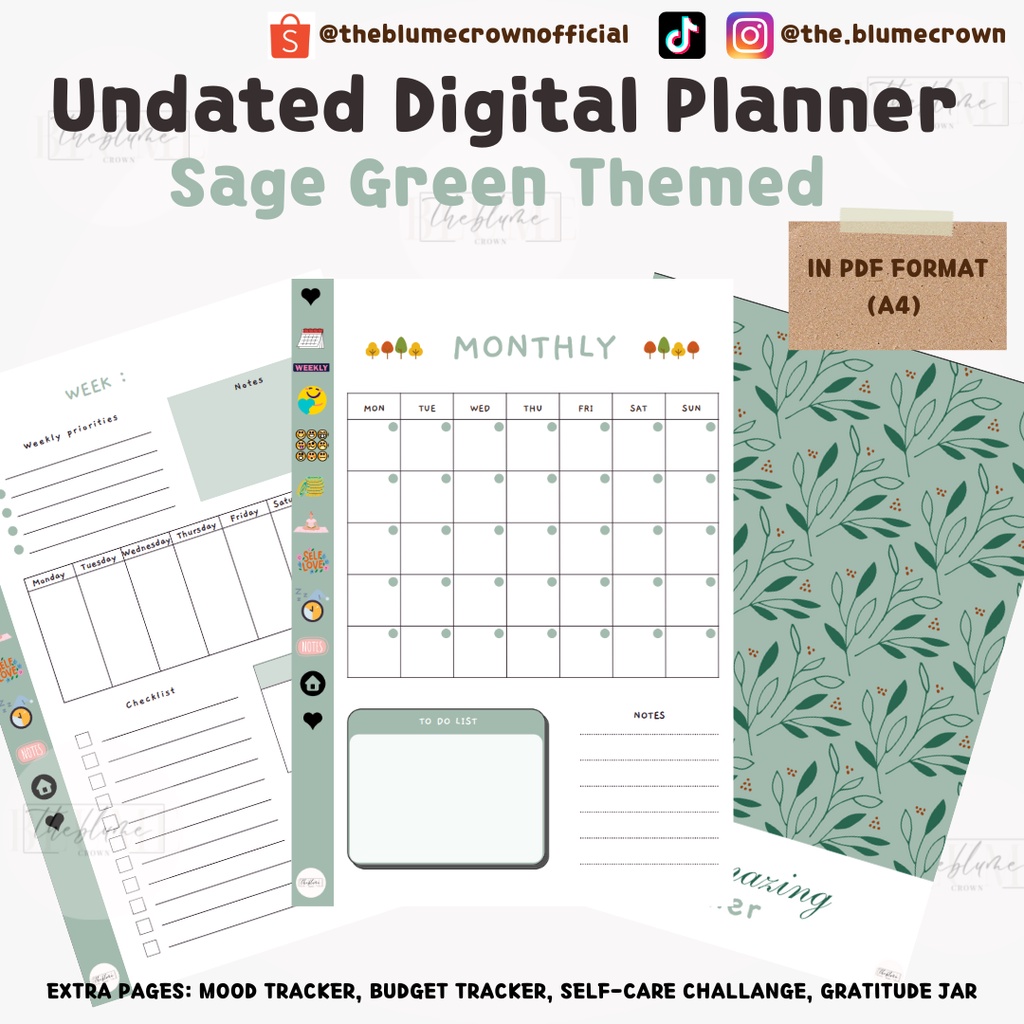 SAGE GREEN UNDATED MONTHLY DIGITAL PLANNER AESTHETIC | Shopee Malaysia