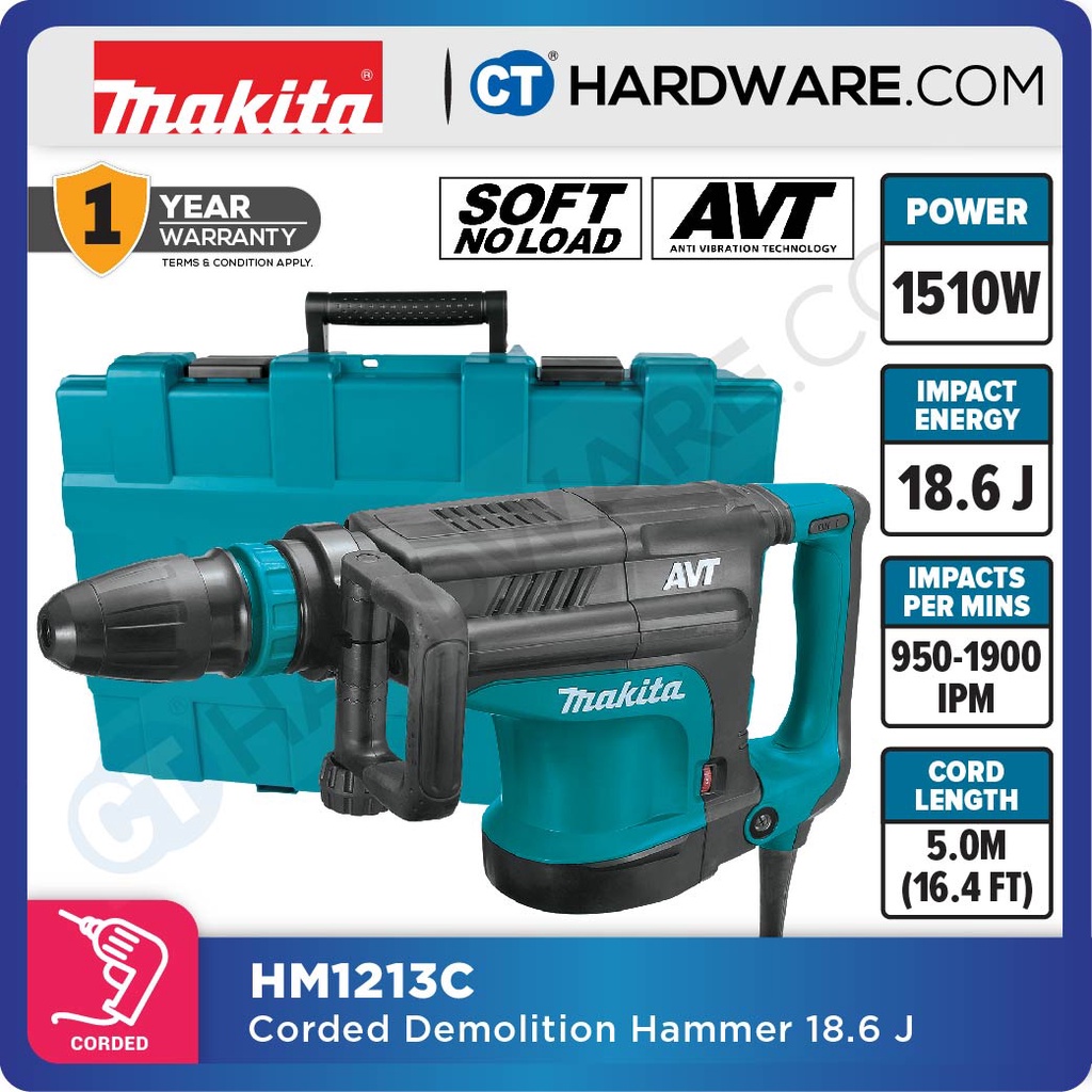 MAKITA HM1213C CORDED DEMOLITION HAMMER 1510 W | 950-1900 IPM | 18.6 J ...