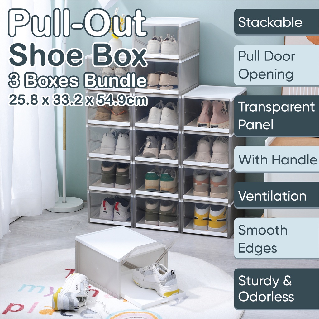 Pull-Out Style Shoe Storage Box - 3 Boxes Bundle [Stackable | Drawer ...