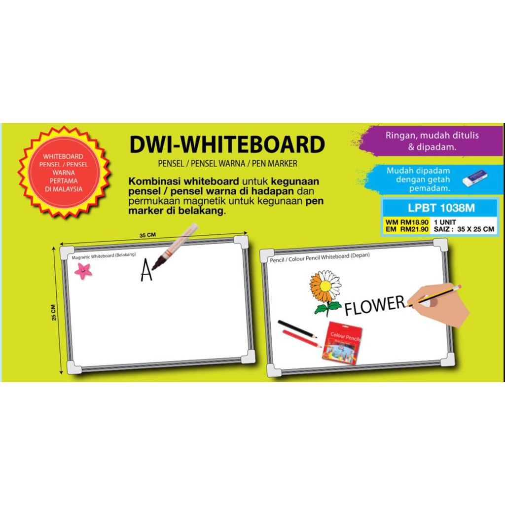 DWI-MAGNETIC WHITEBOARD FOR (MAKER PEN + PENCIL/ COLOR PENCIL) | Shopee ...