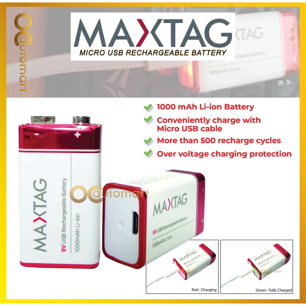 MaxTag / Smart Tag 9V 1000 mAh Li-ion Micro USB Rechargeable Battery ...