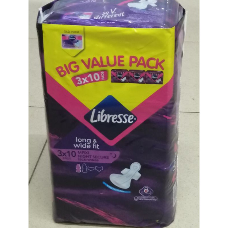 Libresse Long & Wide Fit Maxi night secure wings 32cm (3x10 pads ...