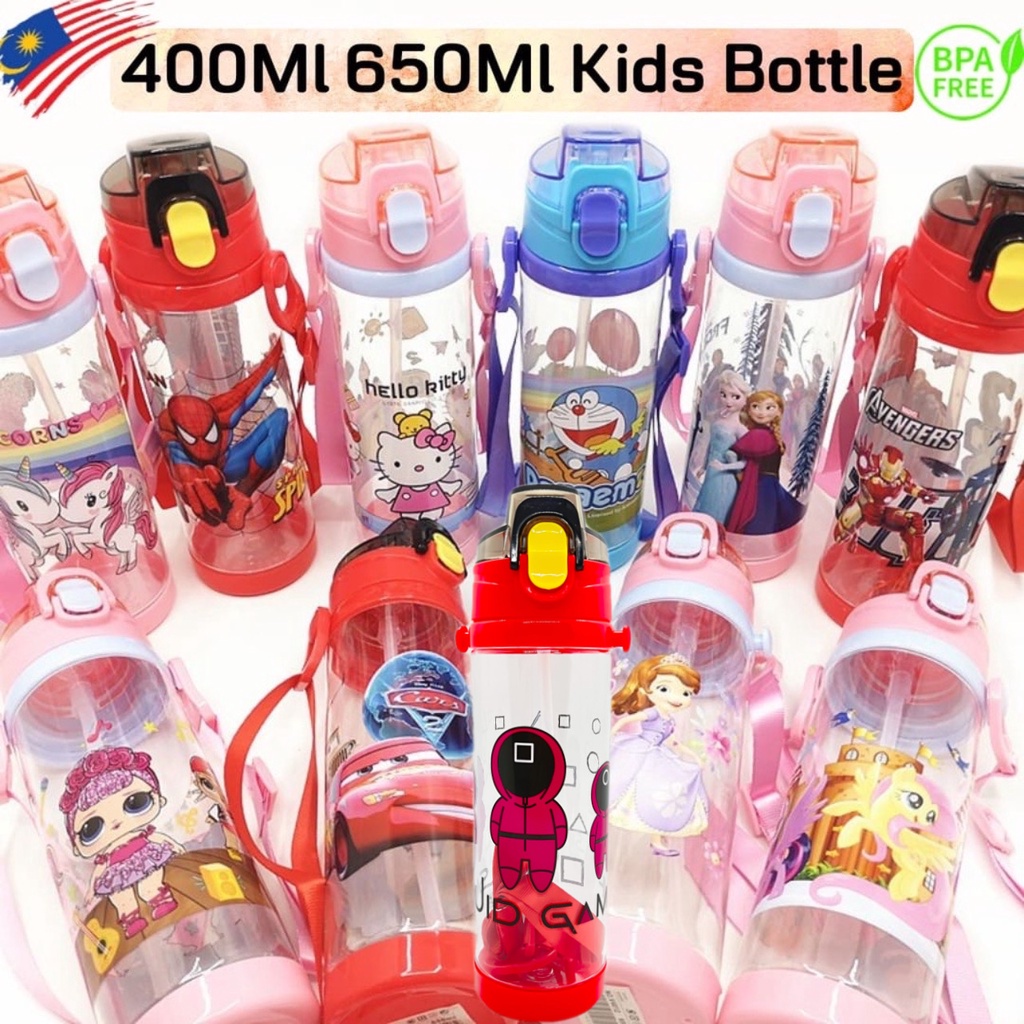 Ready 400ml 650ml Cartoon Botol Air Kanak-kanak Kids Water Bottle With Straw Tali Panjang Ada ...