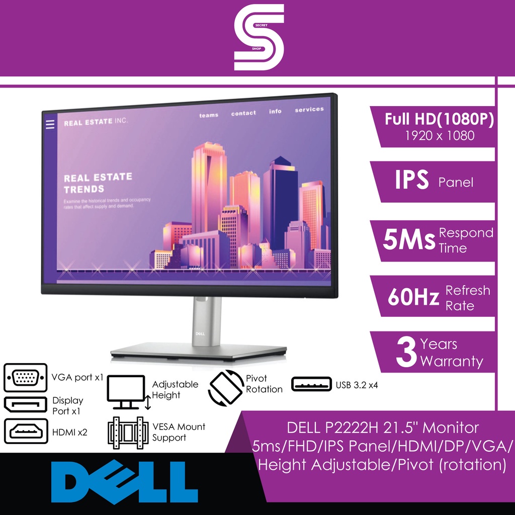 DELL P2222H 21.5" Monitor - 5ms/FHD/IPS Panel/HDMI/DP/VGA/Height ...