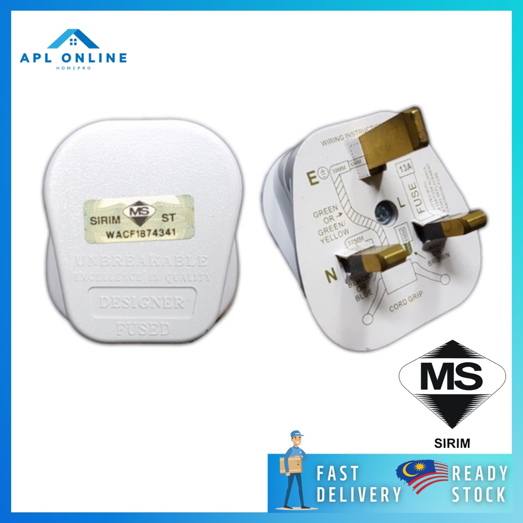 DESIGNER 13A 3 PIN White Plug Top with Fused Unbreakable Kepala Plug ...