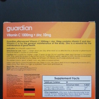 Guardian Vitamin C 1000mg + zinc 10mg Effervescent 1Box(3Tubes ...