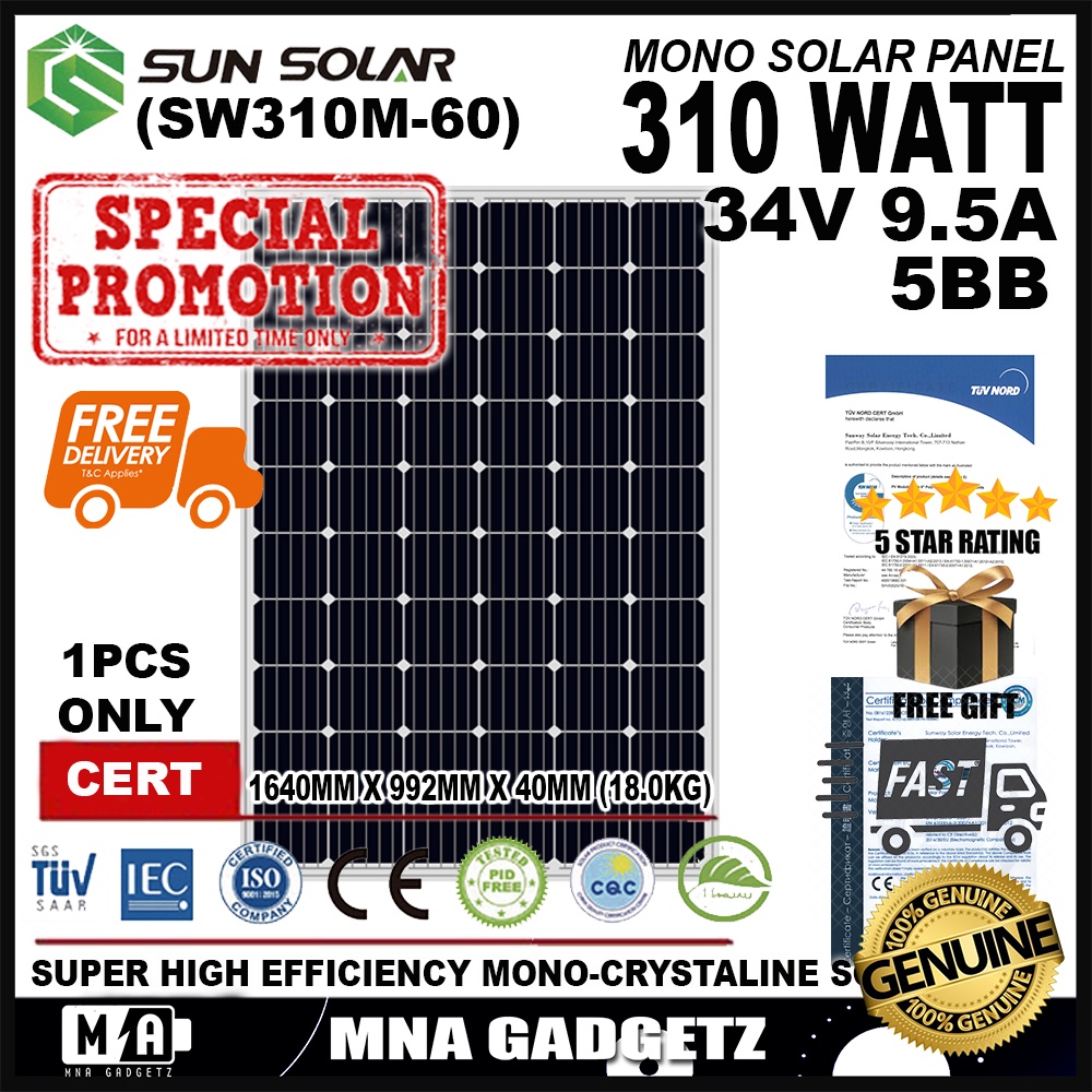 SUNWAY SOLAR 310W 32V SOLAR PANEL MONO CRYSTALINE CELLS LED LIGHT 300W ...