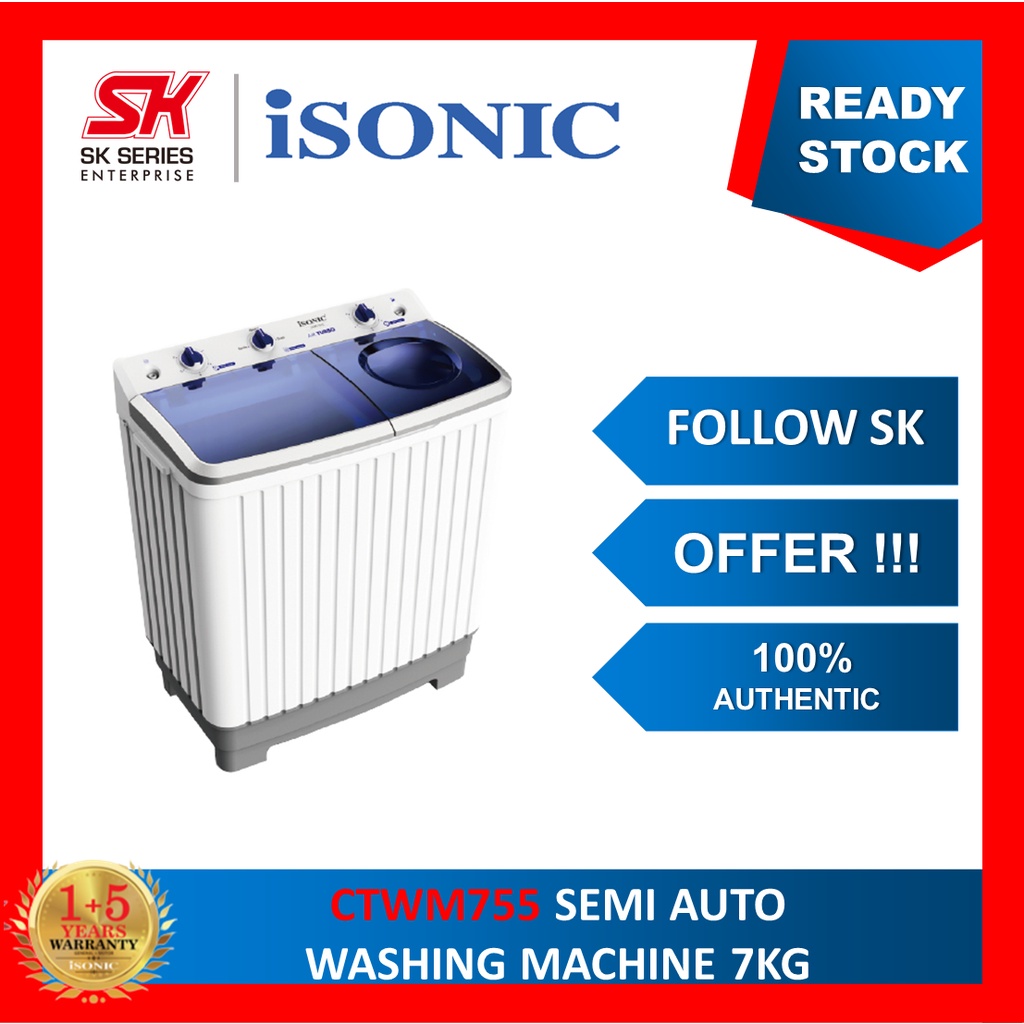 ISONIC TWIN TUB / SEMI AUTO WASHING MACHINE CTWM755 7.5KG MESIN BASUH ...