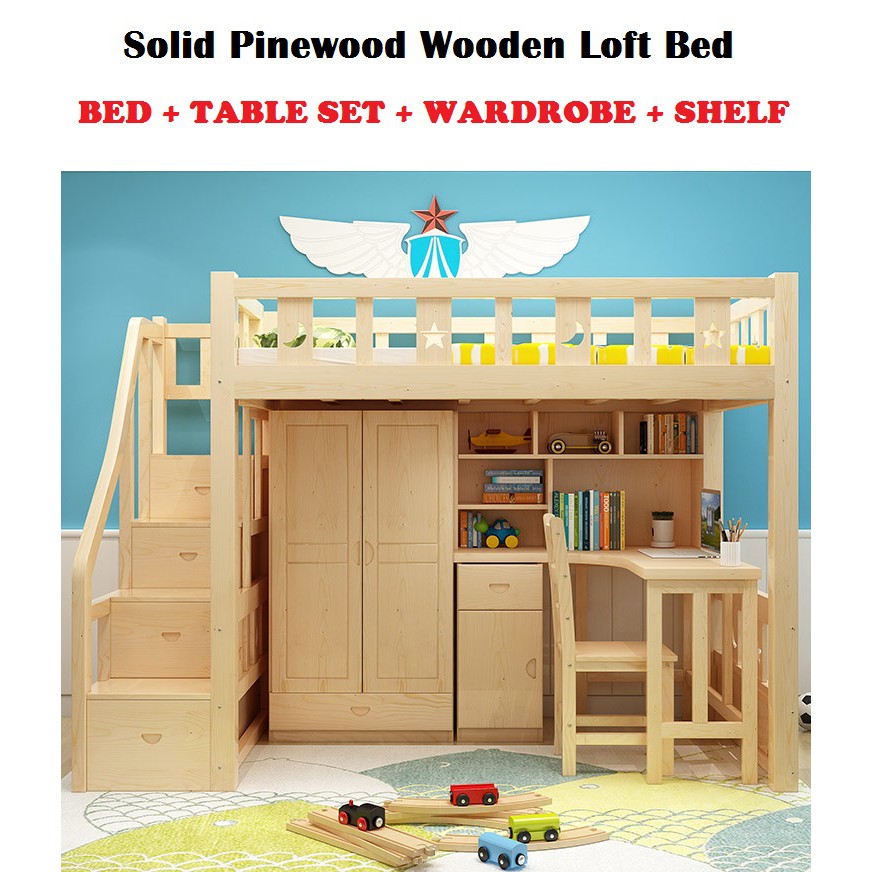 Kids Wooden Loft Bed Room Furniture Full Set Ladder Stair Cabinet ...