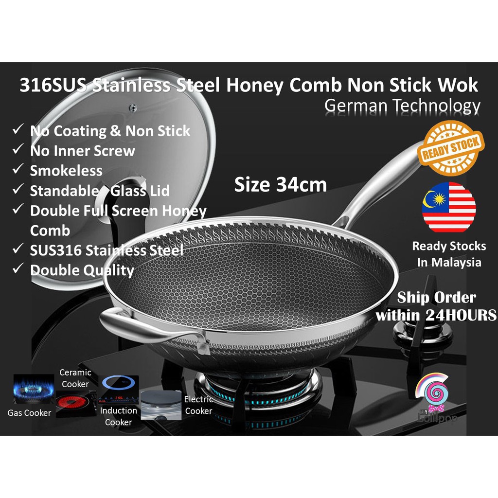 SUS 316 Stainless Steel 34cm Double-sided Full Screen Honeycomb Non-Stick Smokeless Frying Wok ...