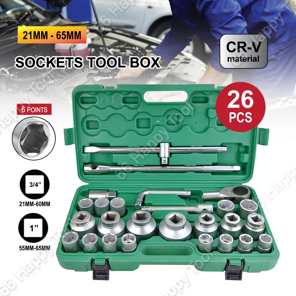 26PCS Heavy Duty 21MM-65MM Socket Tool Box 3/4" 1" Drive 6 Point CR-V ...
