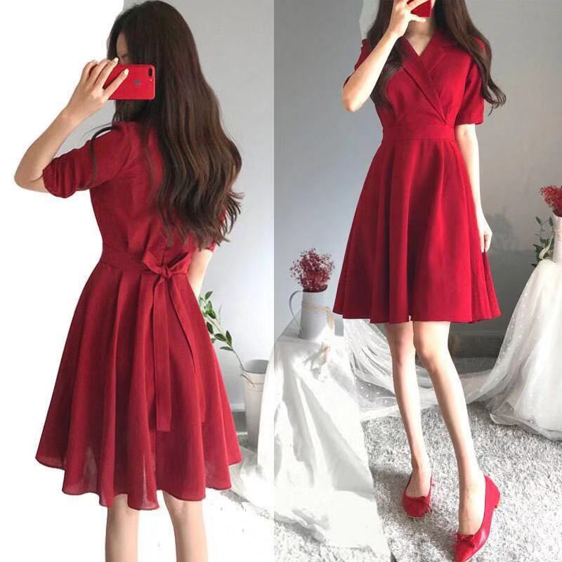 Korean Slim red color large dress Women Shirt-dress Bow belt midi dress ...