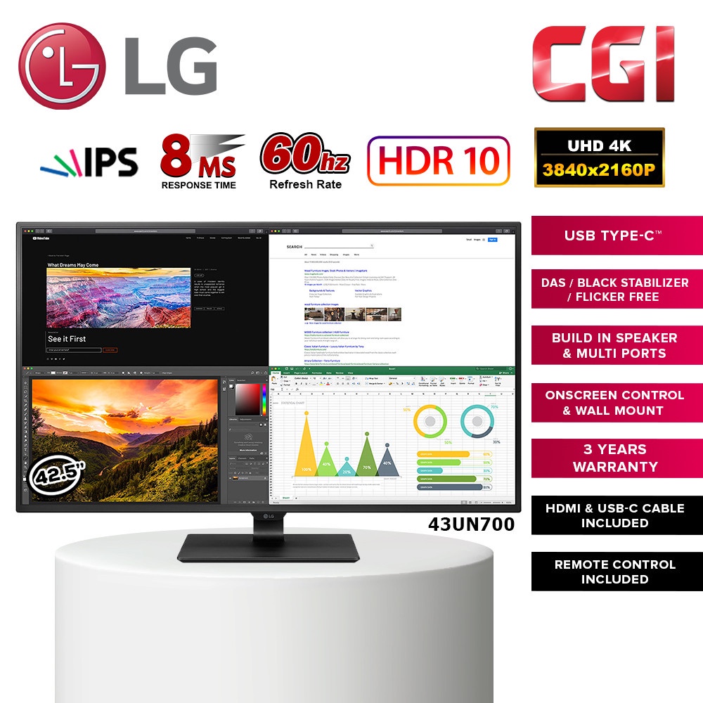 LG 43" 43UN700 IPS UHD 4K HDR10 60Hz HDMI DP TYPE-C(60W PD)USB 3.0 10W ...
