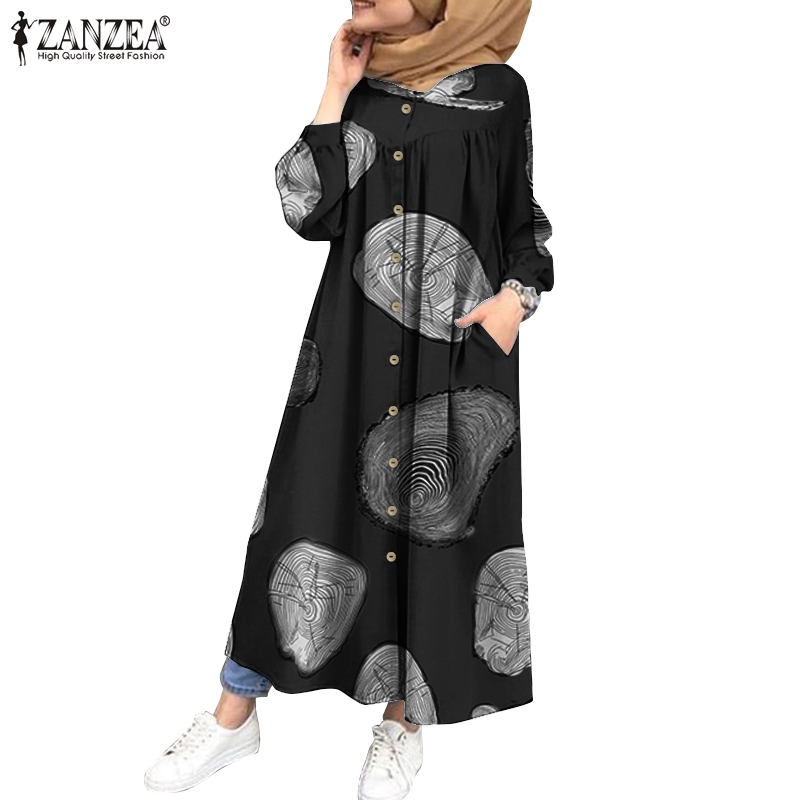 Zanzea Women Button Down Long Sleeve Vintage Printed Muslim Dress