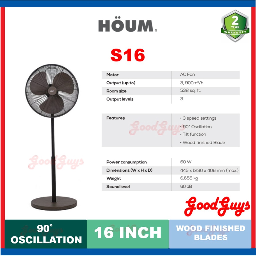 Houm S16 Vintage Stand Fan 3 Blades 16" 16 Inch 3 Speed S-Series ...