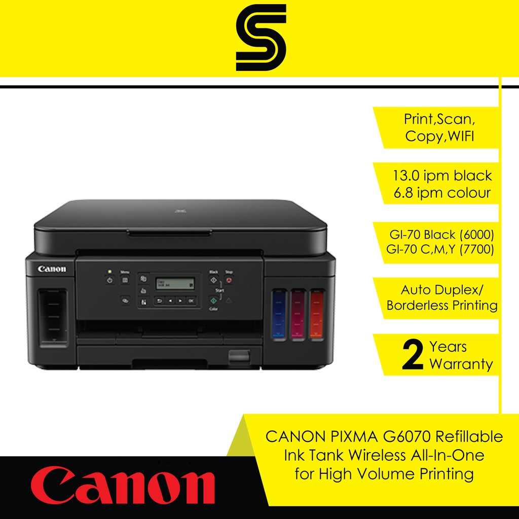 Canon Pixma G6070 G-Series Printer (Gi-70 C/M/Y/K)(Print/Scan/Copy/Wifi ...