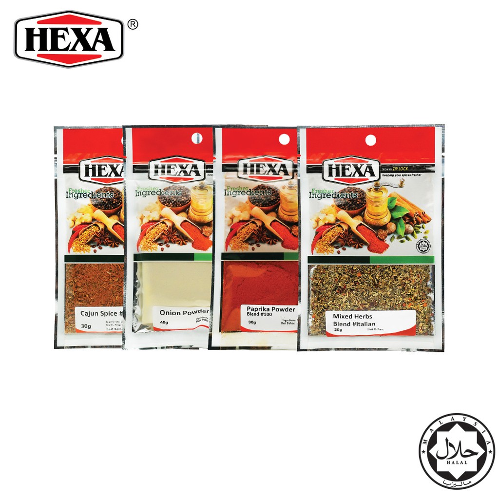 Hexa halal cajun spice 30gm + onion powder 40gm + paprika powder 30gm ...