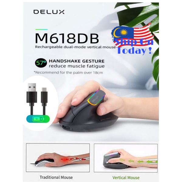 Delux M618DB Ergonomic Vertical Mouse rechargeable Wireless 2.4GHz Mouse RGB 1600 DPI Vertical ...