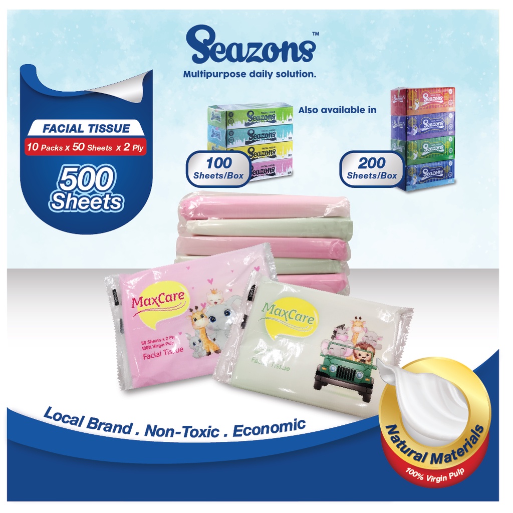 Seazons facial tissue 2ply Maxcare Soft Pack (10 packs x 50's) 100% ...