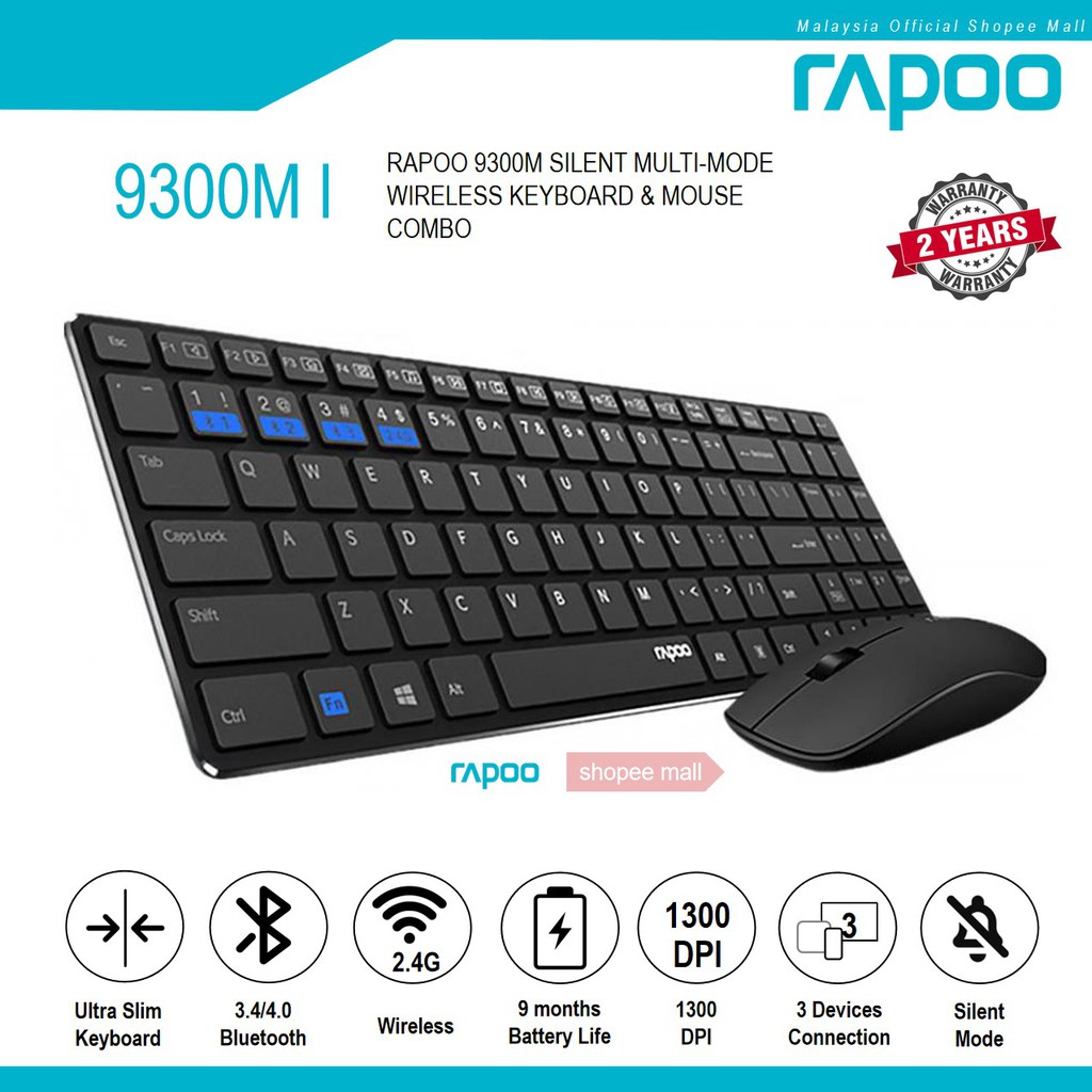 RAPOO 9300M SILENT MULTI-MODE Bluetooth 3.0/ 4.0/ 2.4GHz WIRELESS ULTRA ...