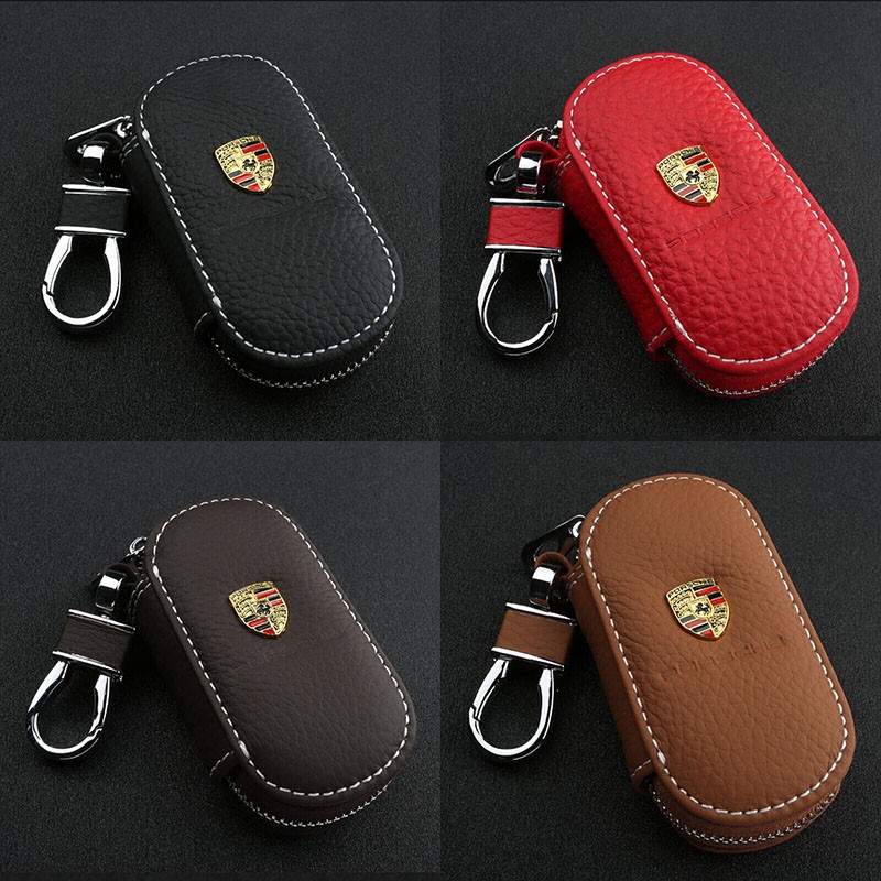 Porsche Leather Car Key Bag Case Logo Keychain Ring Zipper Auto ...
