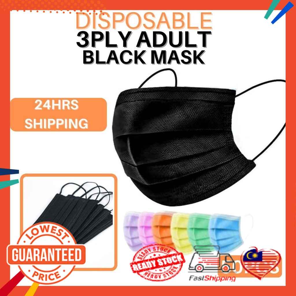 50PCS FULL BLACK COLOUR 3PLY FACE MASK NON MEDICAL DISPOSABLE MASK FULL ...