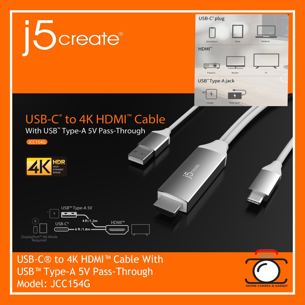 J5 CREATE USB-C® to 4K HDMI™ Cable With USB™ Type-A 5V Pass-Through ...